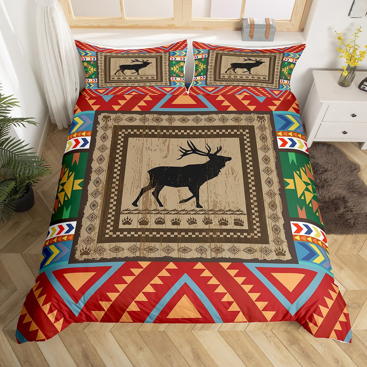 Elk Deer Duvet Cover Full Boho Ethnic Aztec Comforter Cover Moose Wild ...