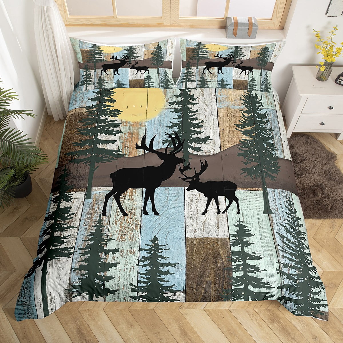 Elk Deer Duvet Cover Lodge Cabin Backdrop Full Bedding Sets for Girls ...