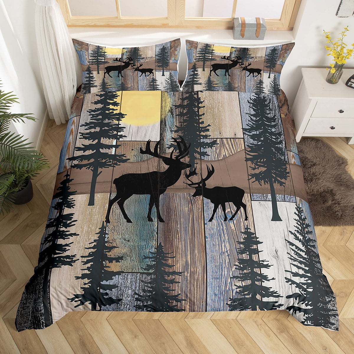 Elk Deer Duvet Cover Lodge Cabin Backdrop Full Bedding Sets for Girls ...