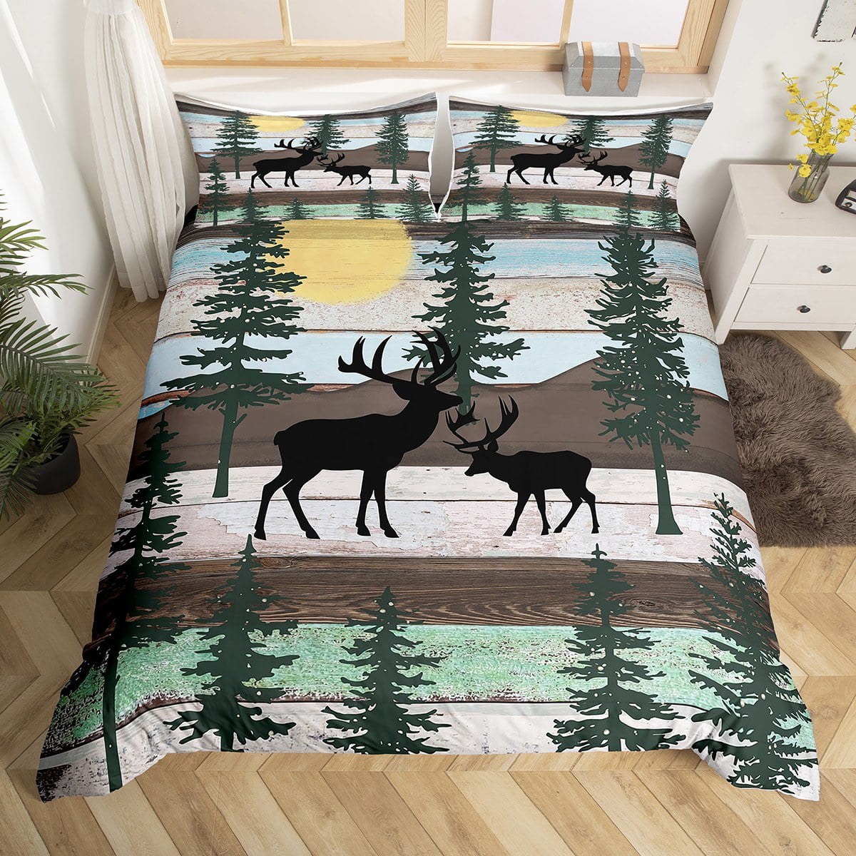 Elk Deer Duvet Cover Lodge Cabin Backdrop Twin Bedding Sets for Girls ...