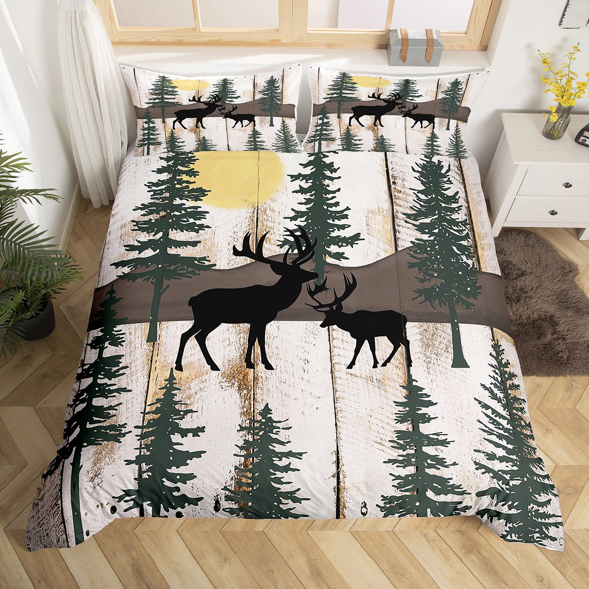 Elk Deer Duvet Cover Lodge Cabin Backdrop Twin Bedding Sets for Girls ...