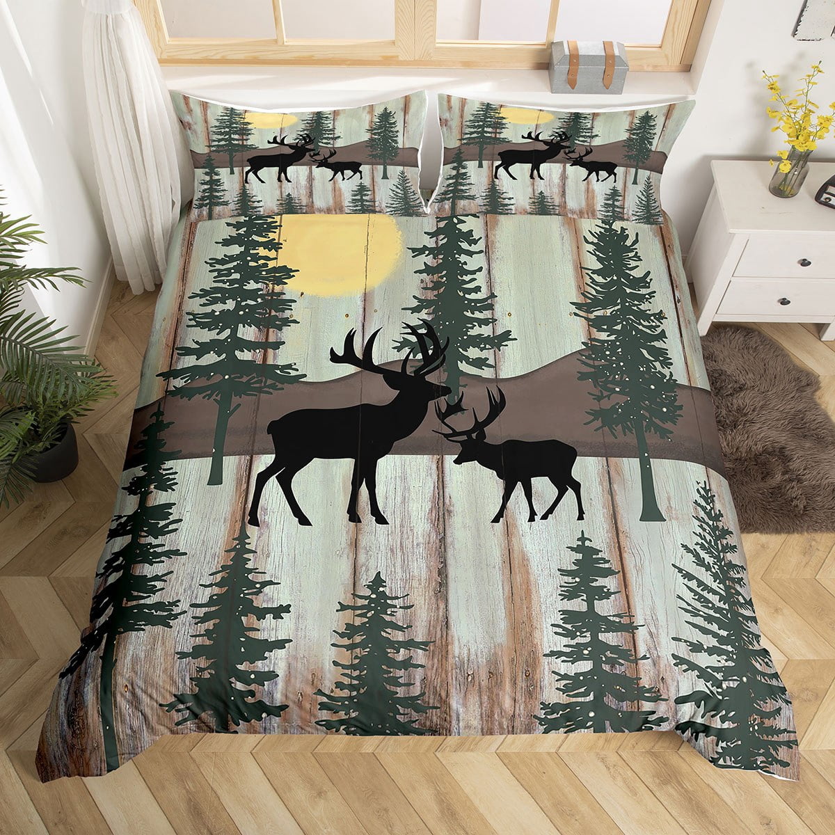Elk Deer Duvet Cover Lodge Cabin Backdrop Twin Bedding Sets for Girls ...