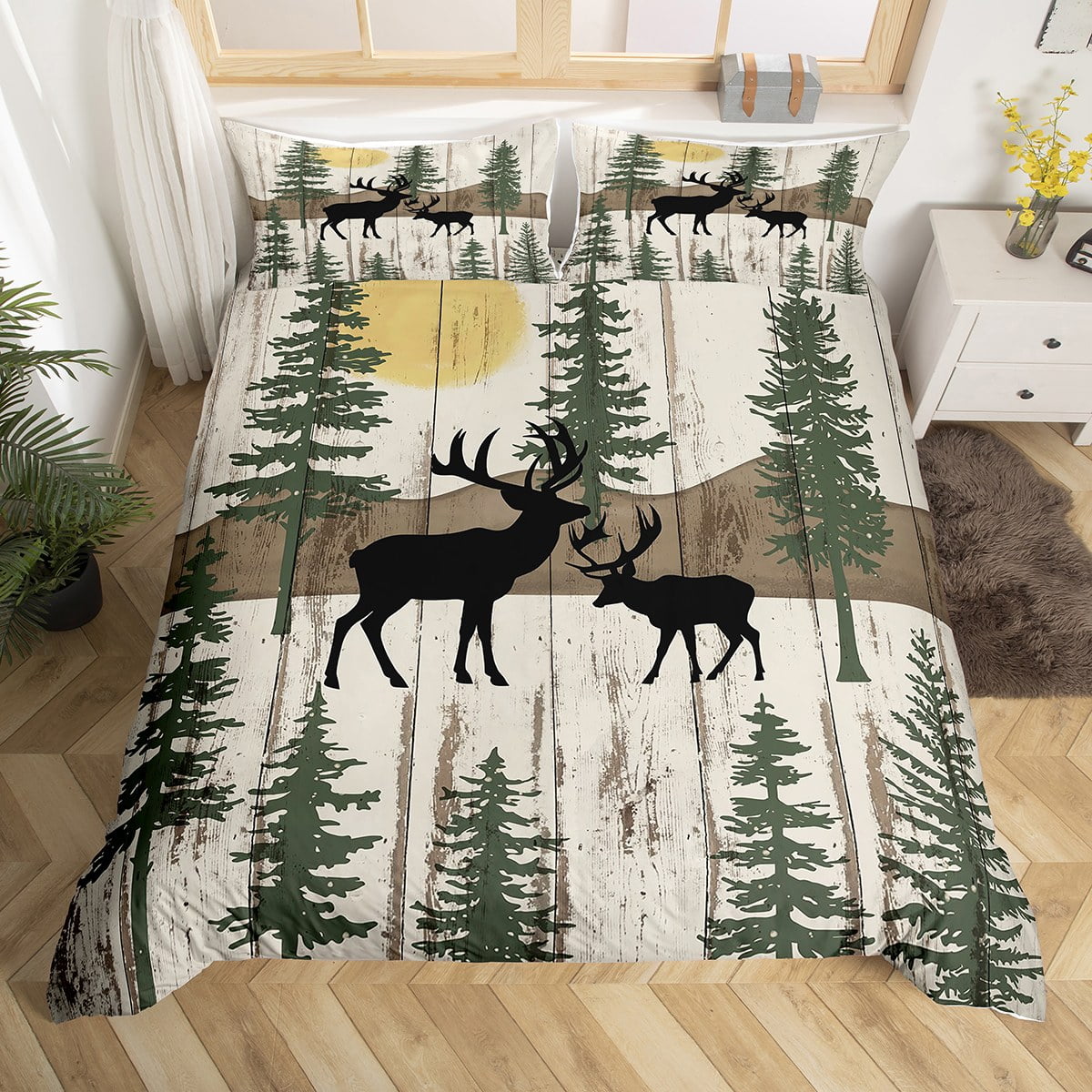 Elk Deer Duvet Cover Lodge Cabin Backdrop Twin Bedding Sets for Girls ...