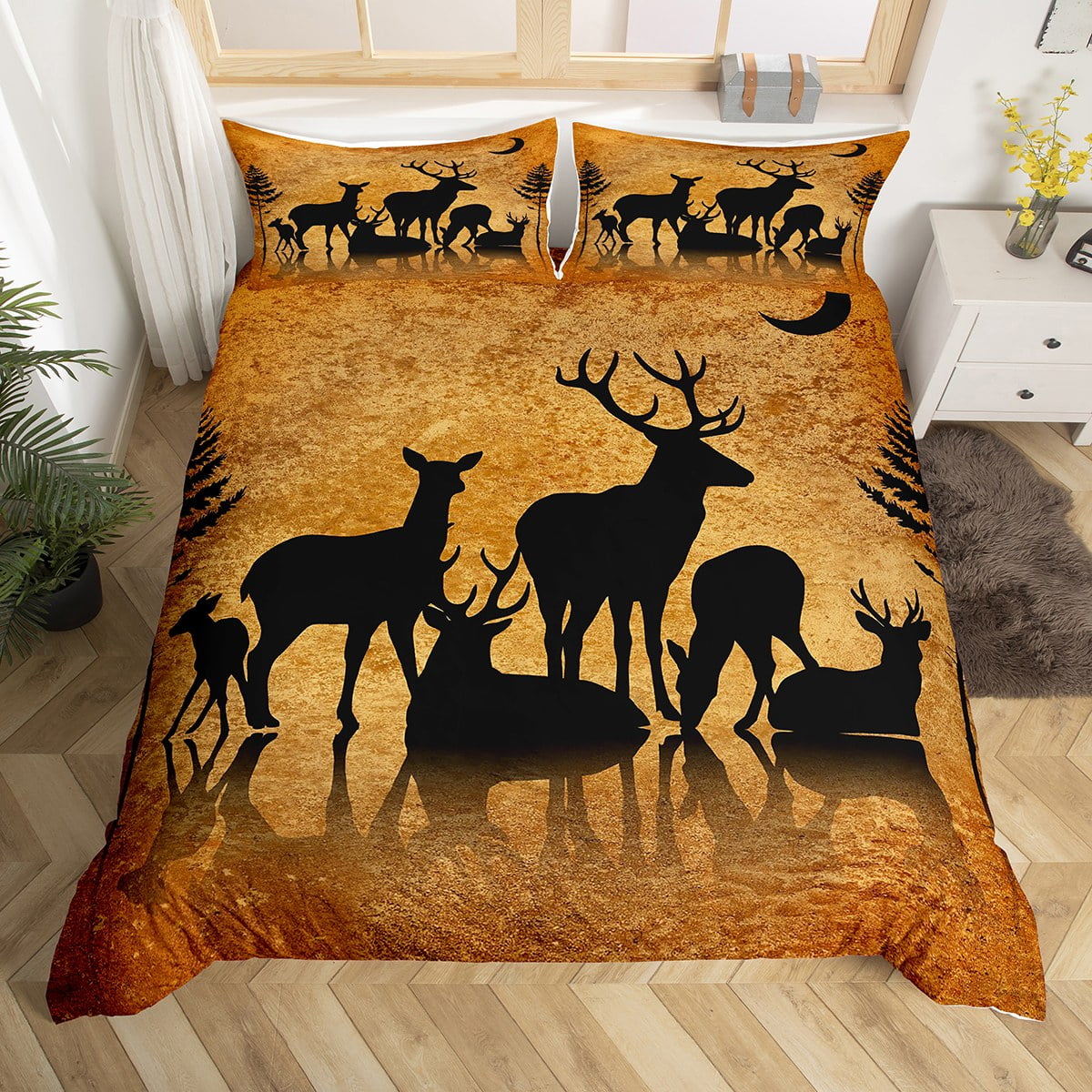 Elk Deer Duvet Cover Queen Wildlife Moose Bedding Set,Grunge Vintage ...