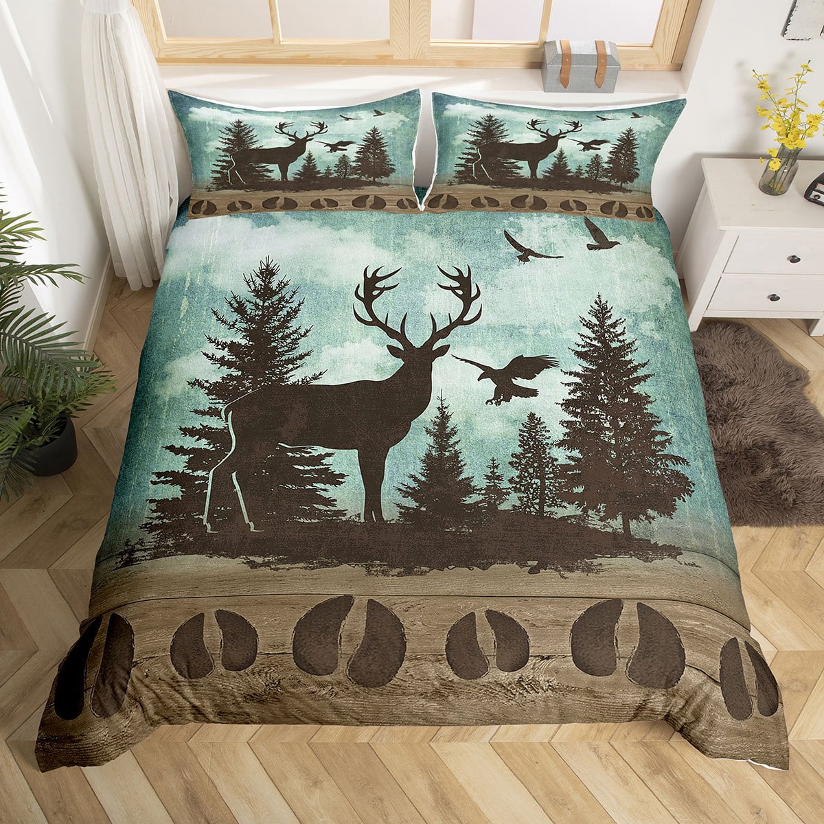 Elk Deer Duvet Cover Rustic Pine Trees Queen Bedding Sets for Boys ...