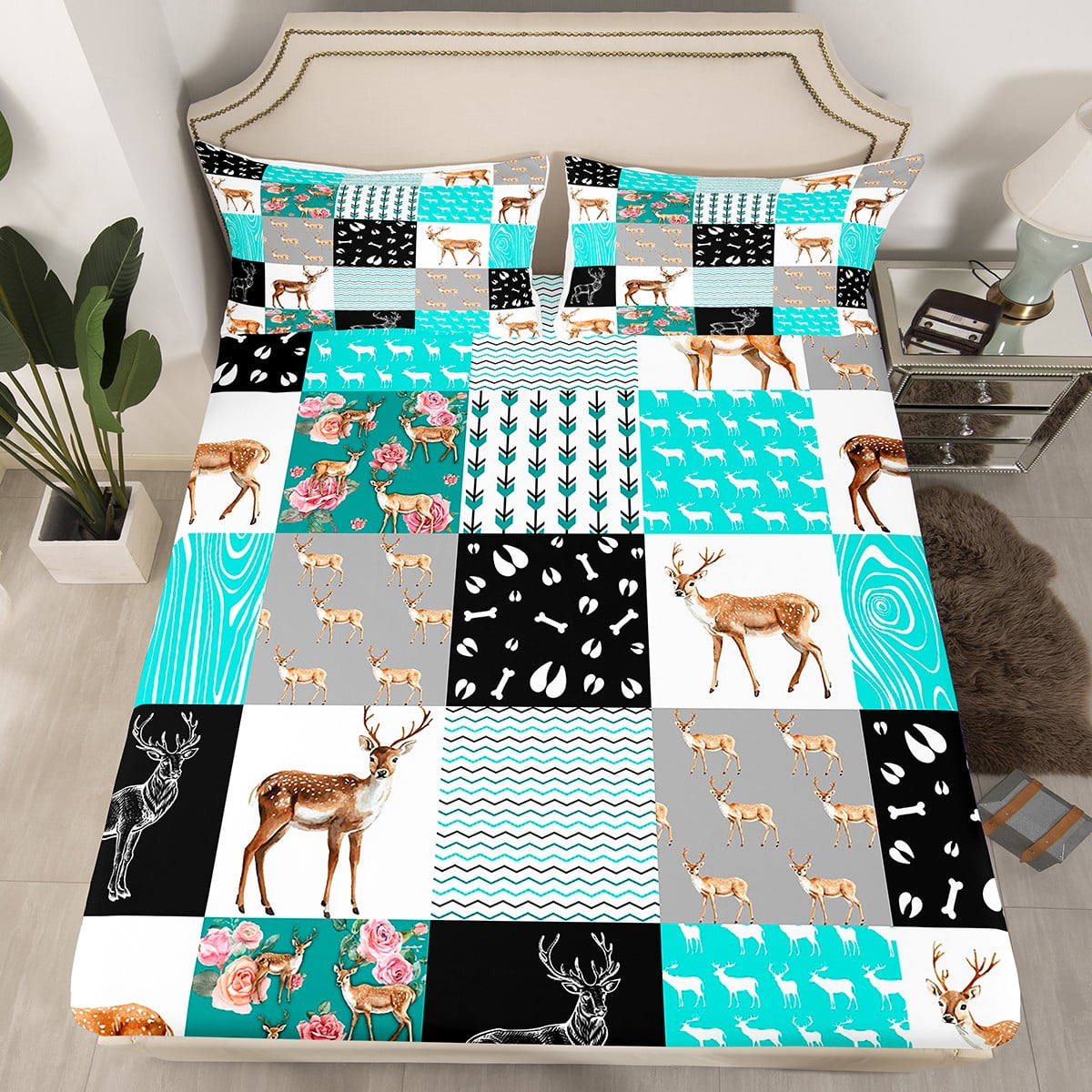 Elk Deer Fitted Sheet Woodland Animals Bed Sheets Full,Jungle Wildlife ...