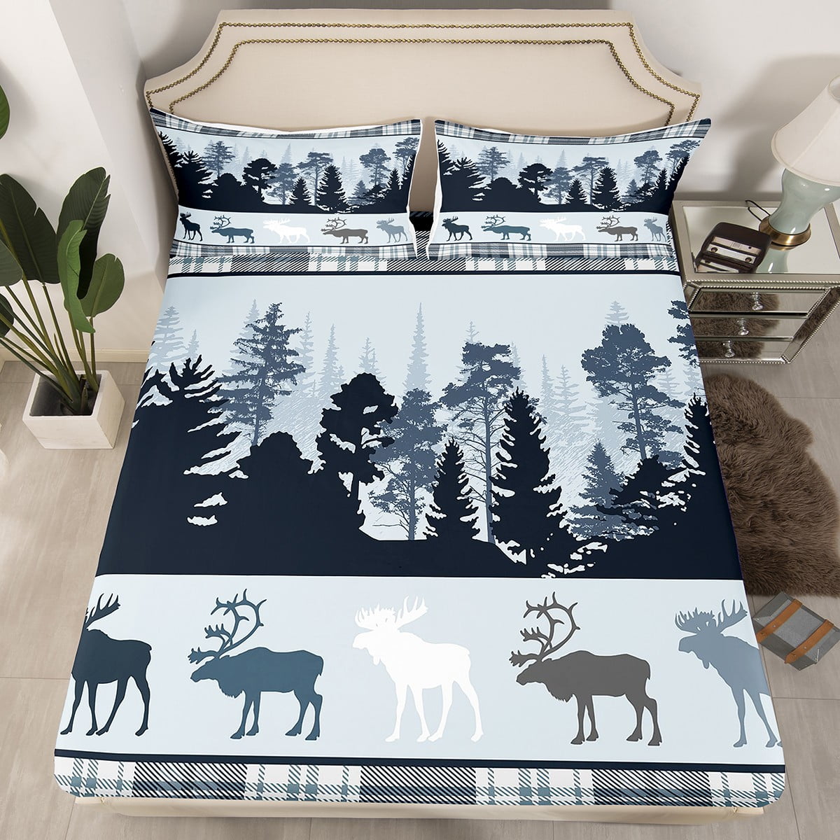 Elk Deer Fitted Sheet Blue Buffalo Checkered Plaid Bed Sheets Queen ...