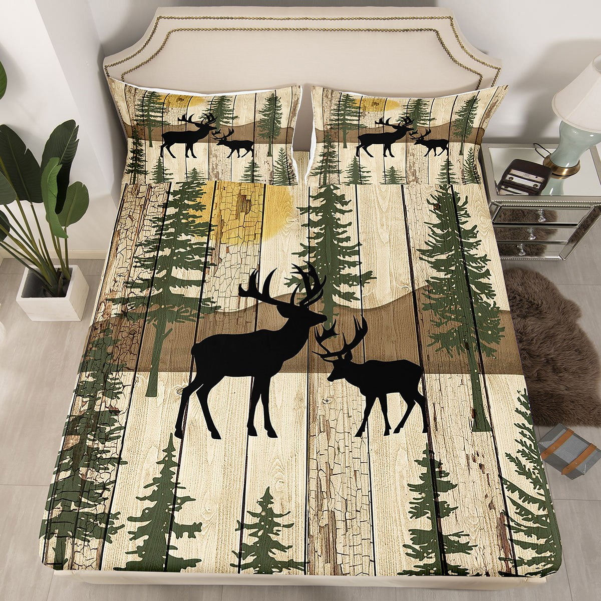 Elk Deer Fitted Sheet Farmhouse Cottage Lodge Full Bed Sheets for Boys ...