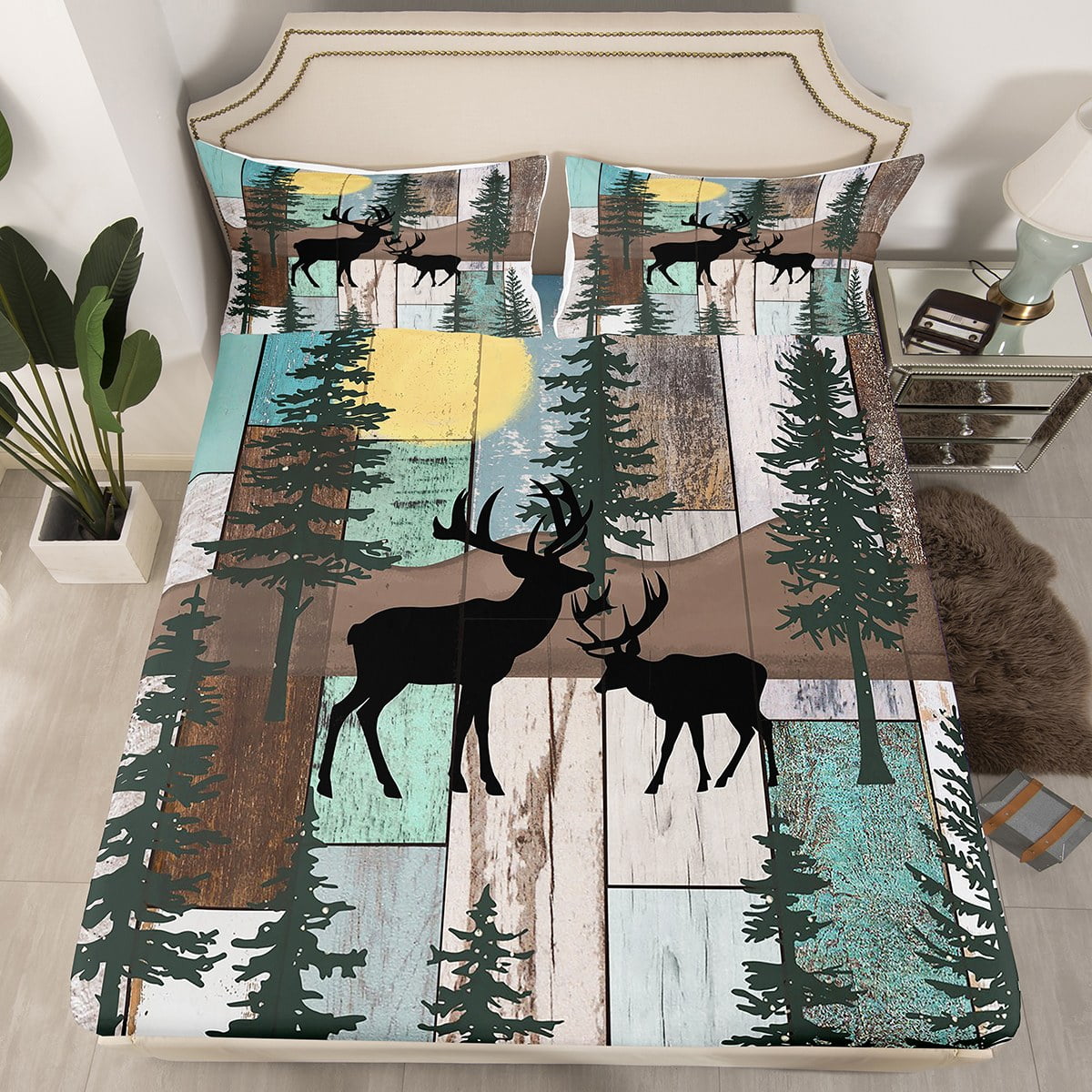 Elk Deer Fitted Sheet Farmhouse Cottage Lodge Full Bed Sheets for Boys ...