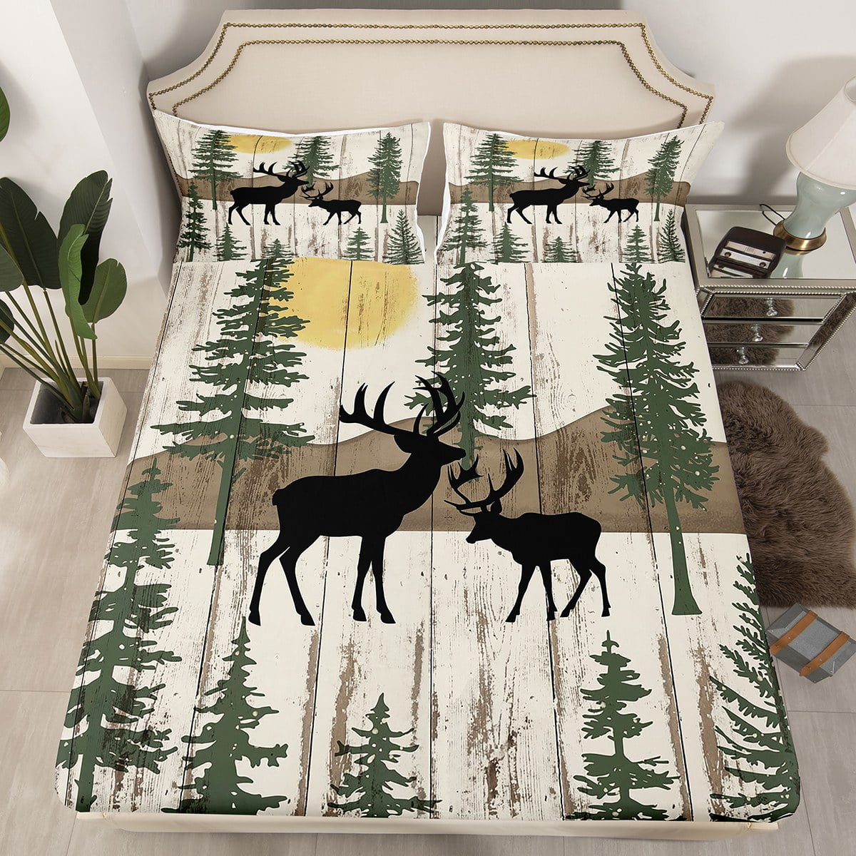 Elk Deer Fitted Sheet Farmhouse Cottage Lodge Full Bed Sheets for Boys ...