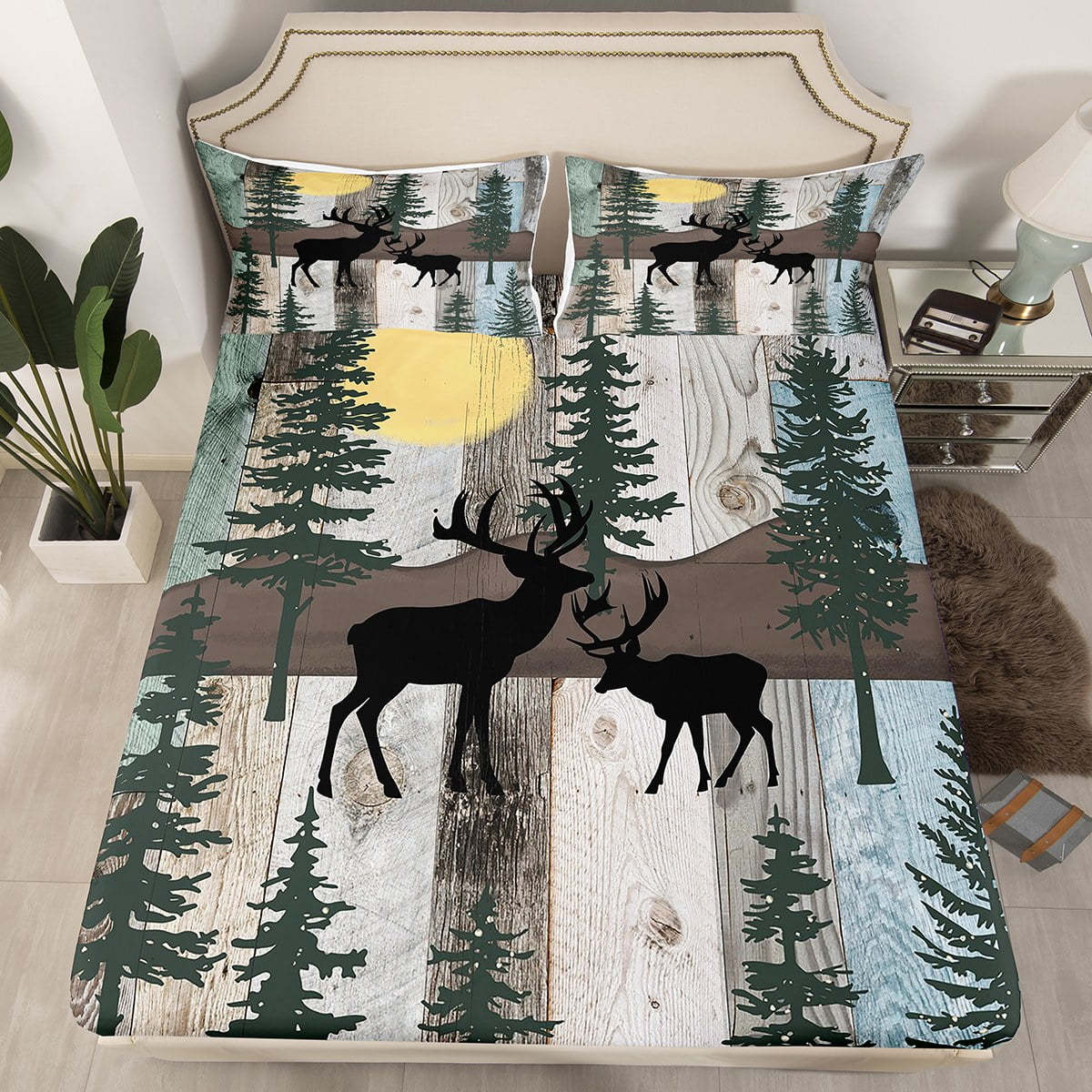 Elk Deer Fitted Sheet Farmhouse Cottage Lodge Full Bed Sheets for Boys ...