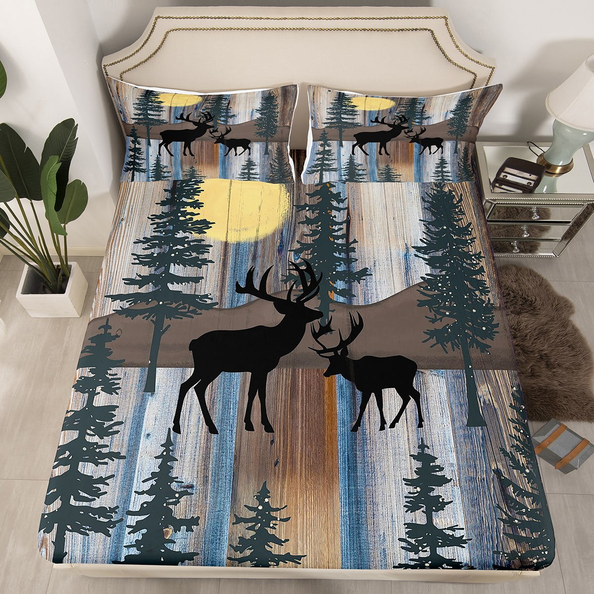 Elk Deer Fitted Sheet Farmhouse Cottage Lodge Queen Bed Sheets ...