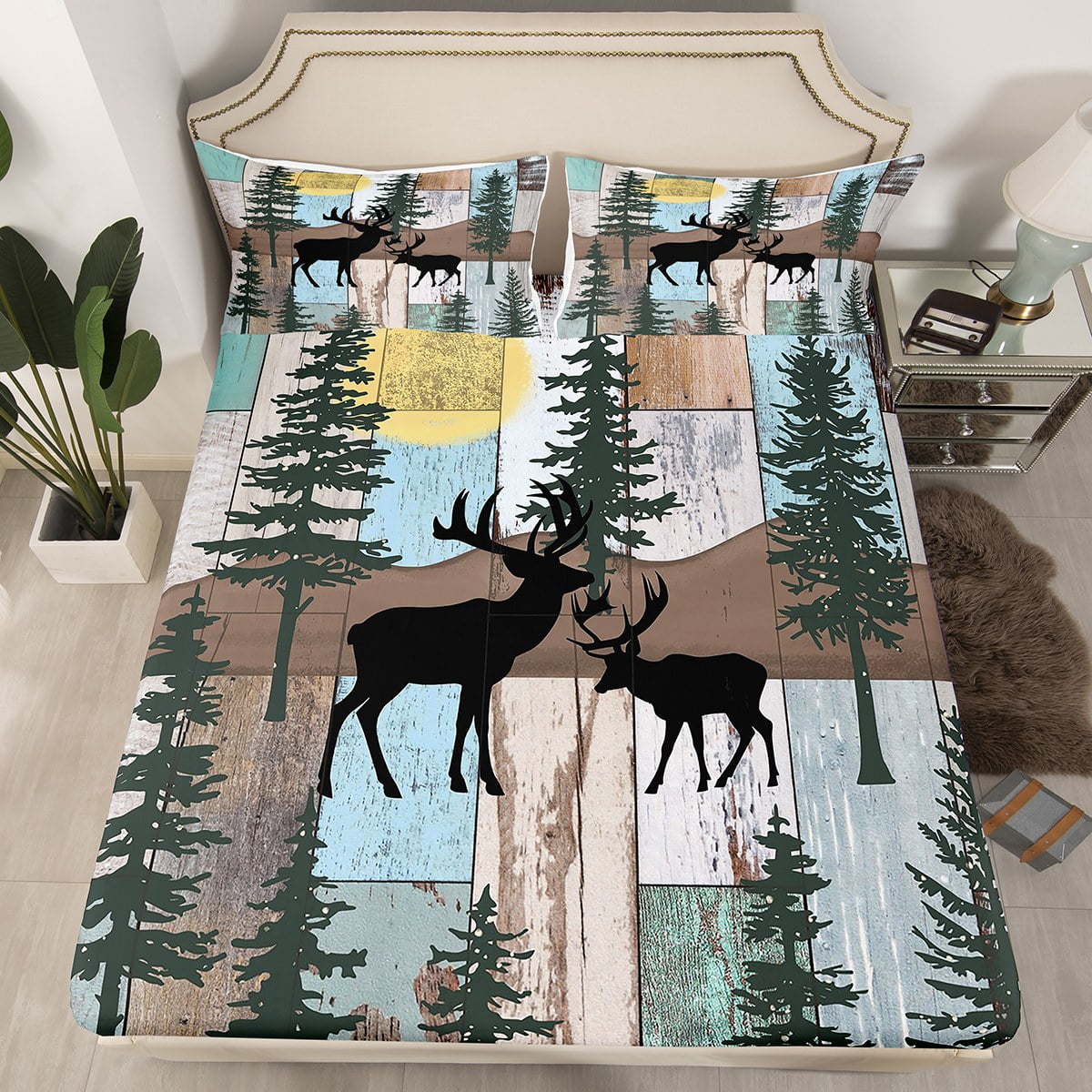 Elk Deer Fitted Sheet Farmhouse Cottage Lodge Queen Bed Sheets for Boys ...