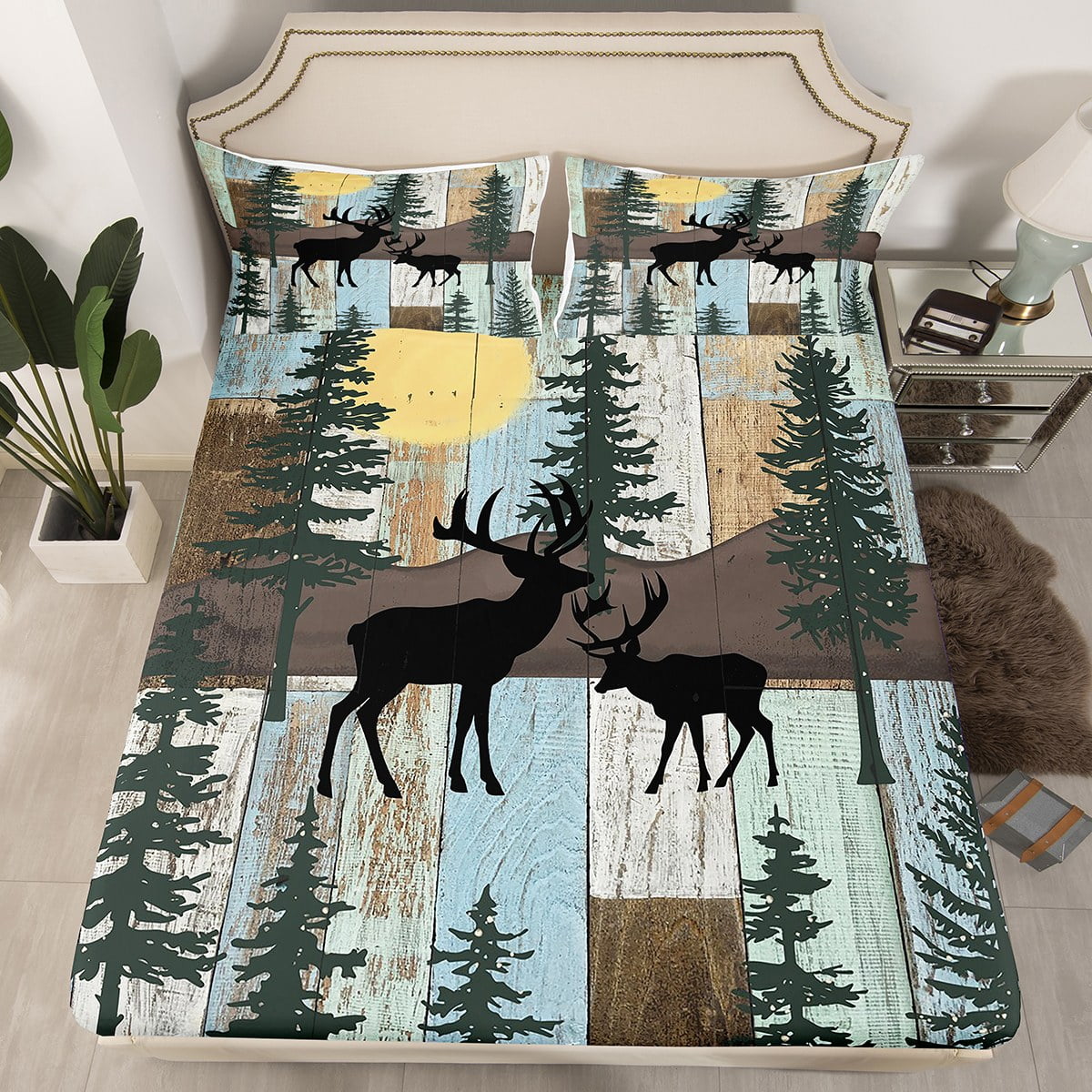 Elk Deer Fitted Sheet Farmhouse Cottage Lodge Twin Bed Sheets for Boys ...