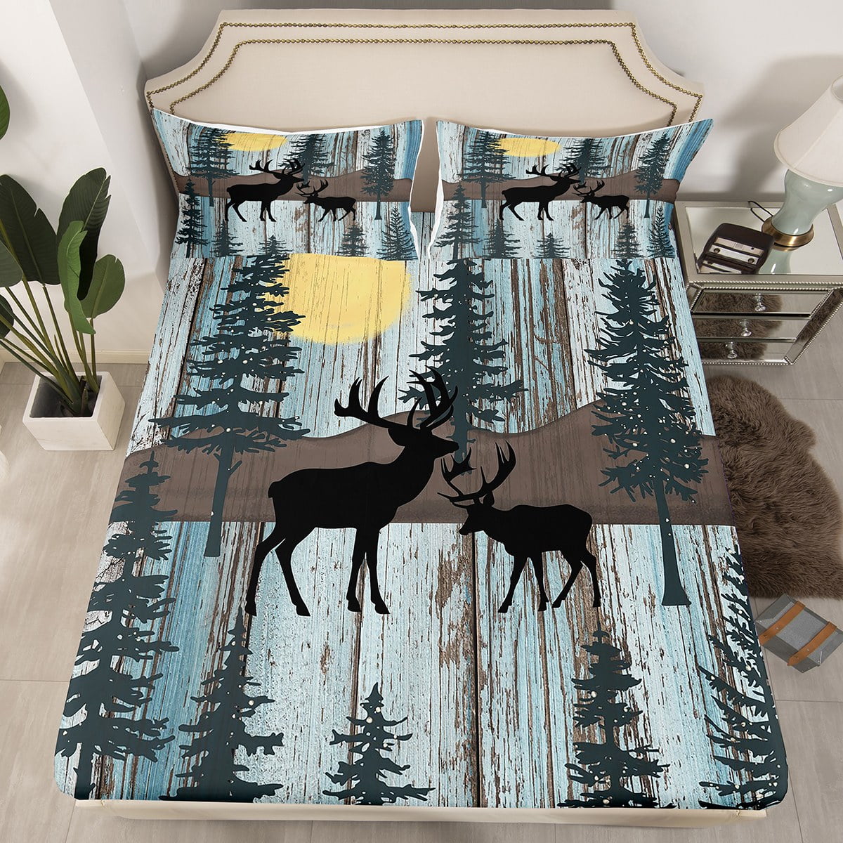 Elk Deer Fitted Sheet Farmhouse Cottage Lodge Twin Bed Sheets for Boys ...