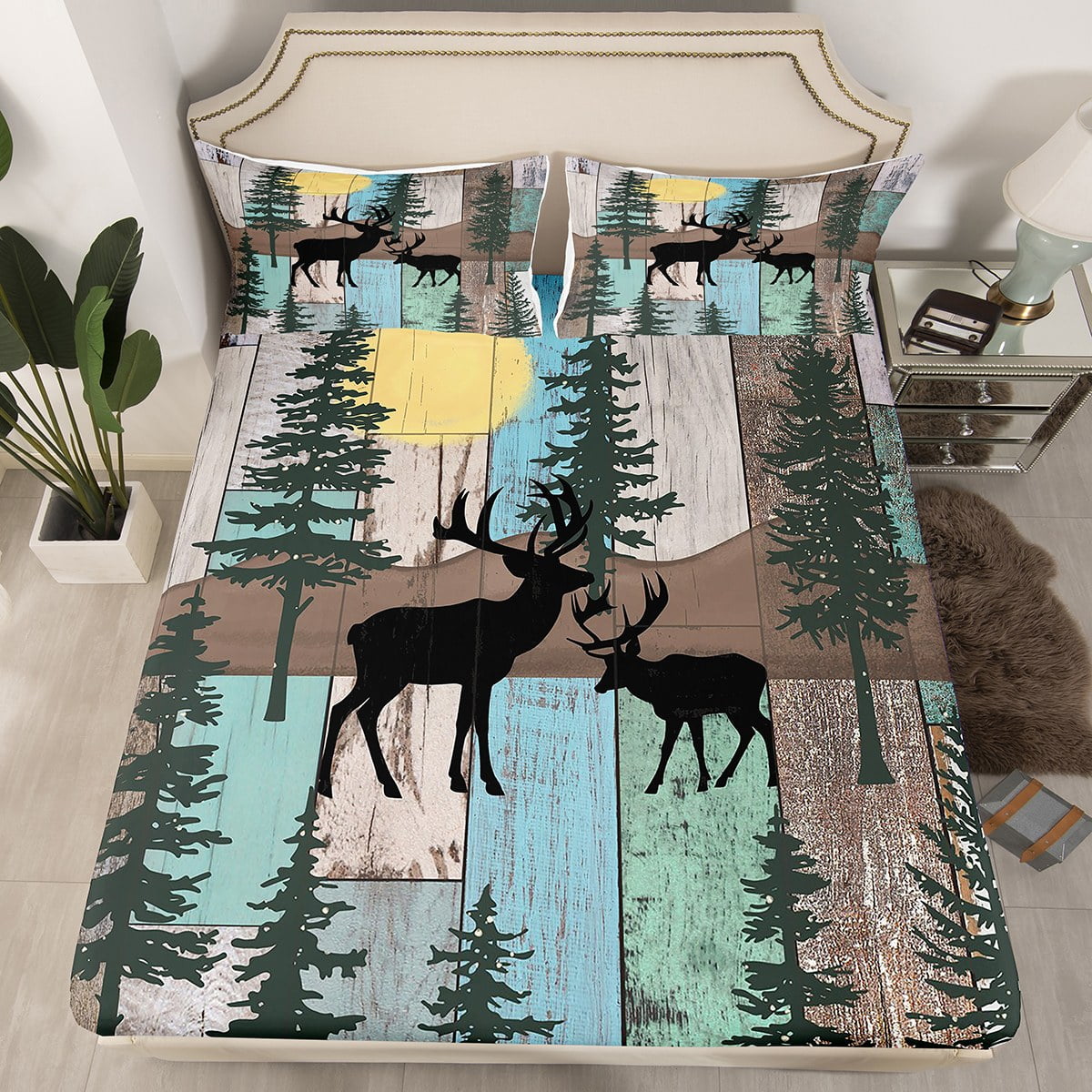 Elk Deer Fitted Sheet Farmhouse Cottage Lodge Twin Bed Sheets ...