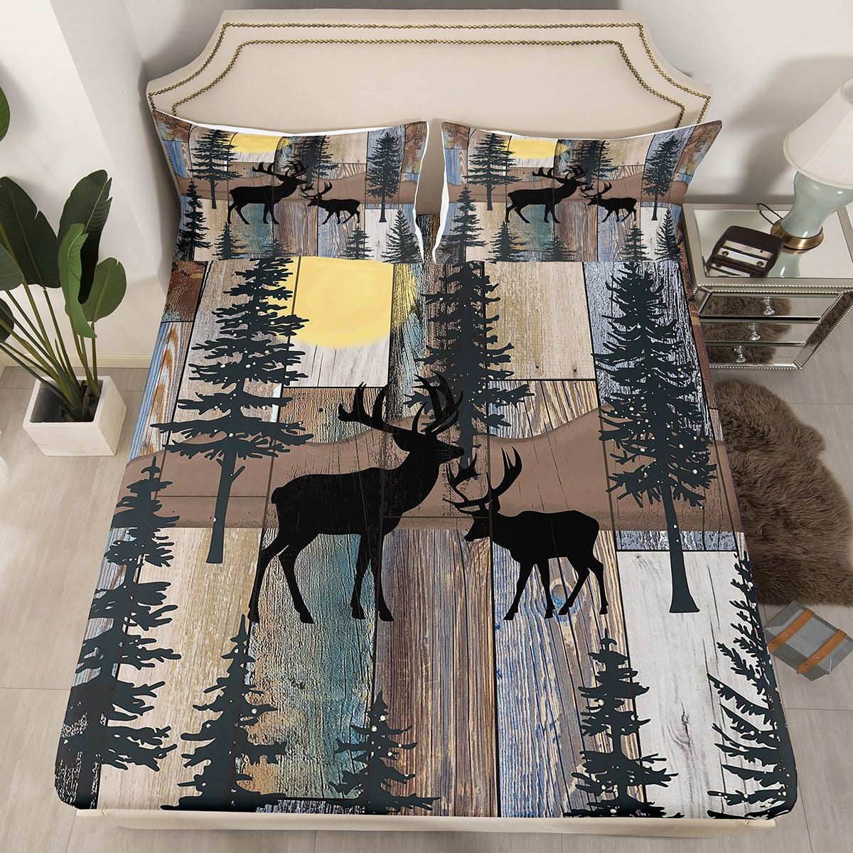 Elk Deer Fitted Sheet Farmhouse Cottage Lodge Twin Bed Sheets ...