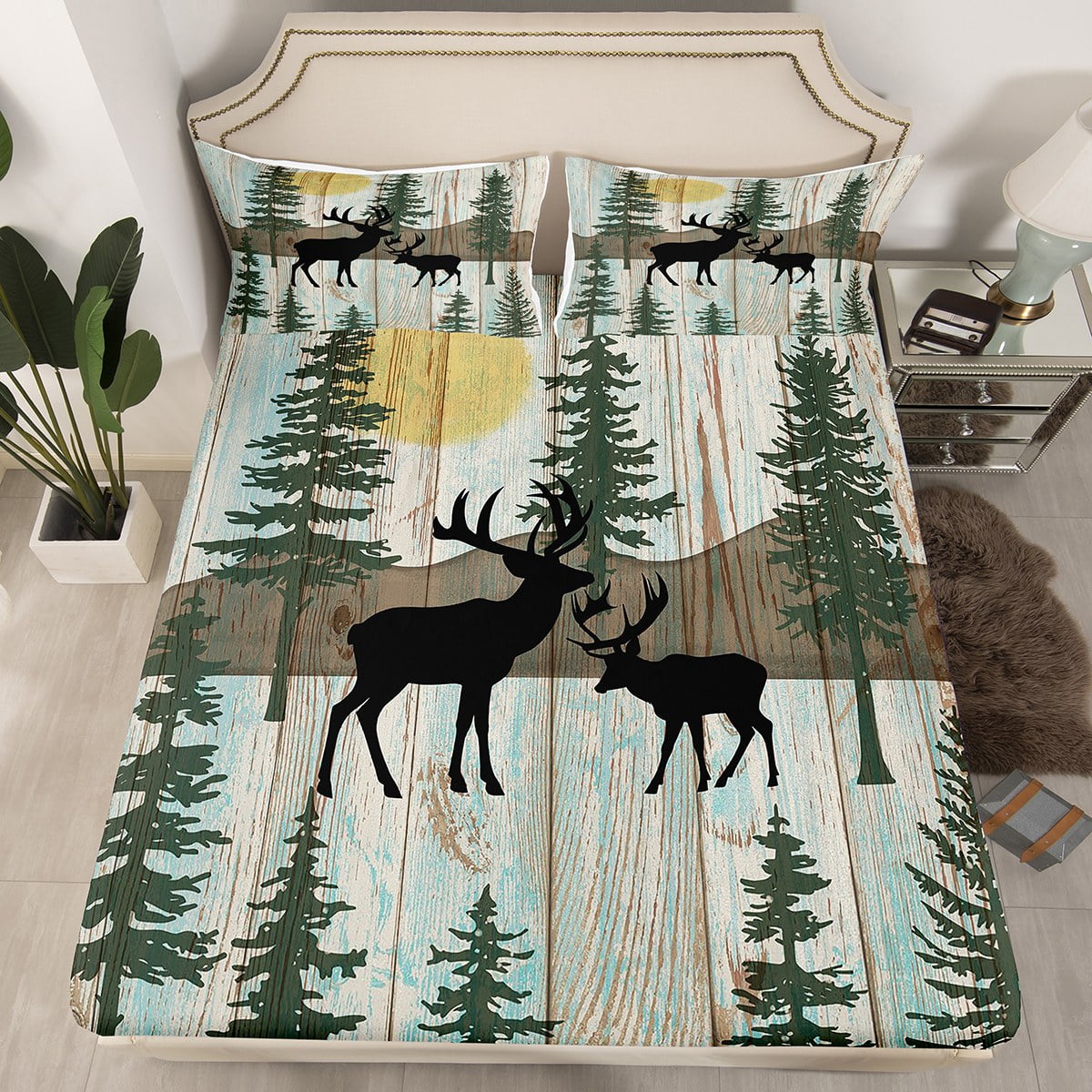 Elk Deer Fitted Sheet Lodge Cabin Backdrop Full Bed Sheets ,Christmas ...