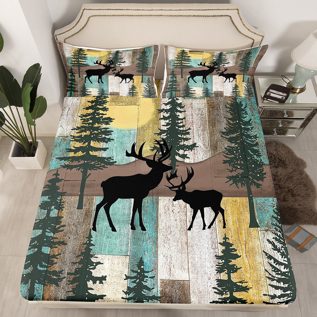 Elk Deer Fitted Sheet Lodge Cabin Backdrop Queen Bed Sheets ,Christmas ...