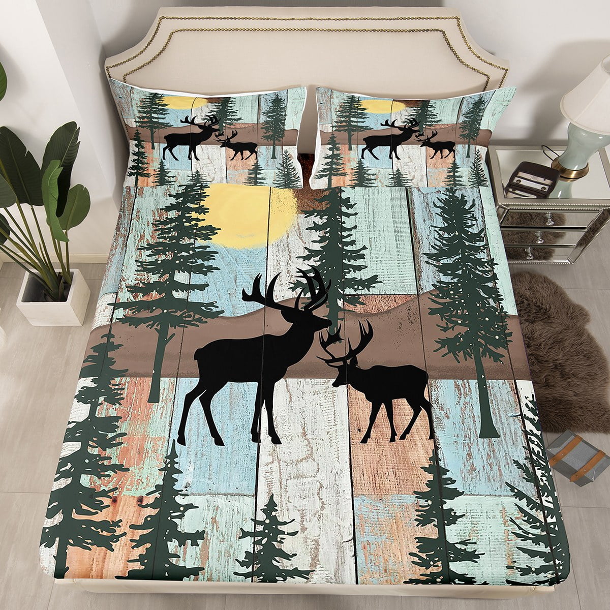 Elk Deer Fitted Sheet Lodge Cabin Backdrop Queen Bed Sheets for Girls ...