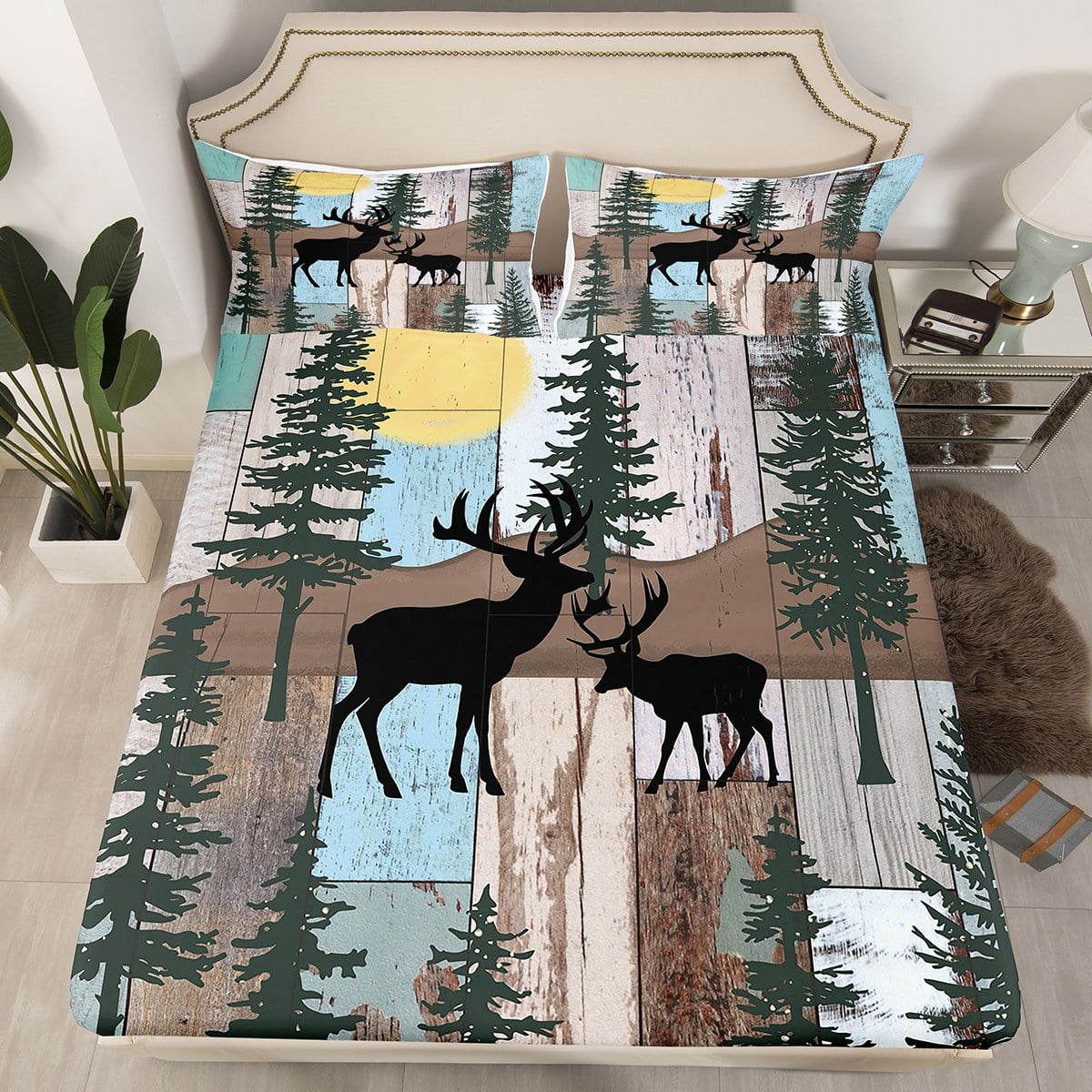 Elk Deer Fitted Sheet Lodge Cabin Backdrop Twin Bed Sheets ,Christmas ...