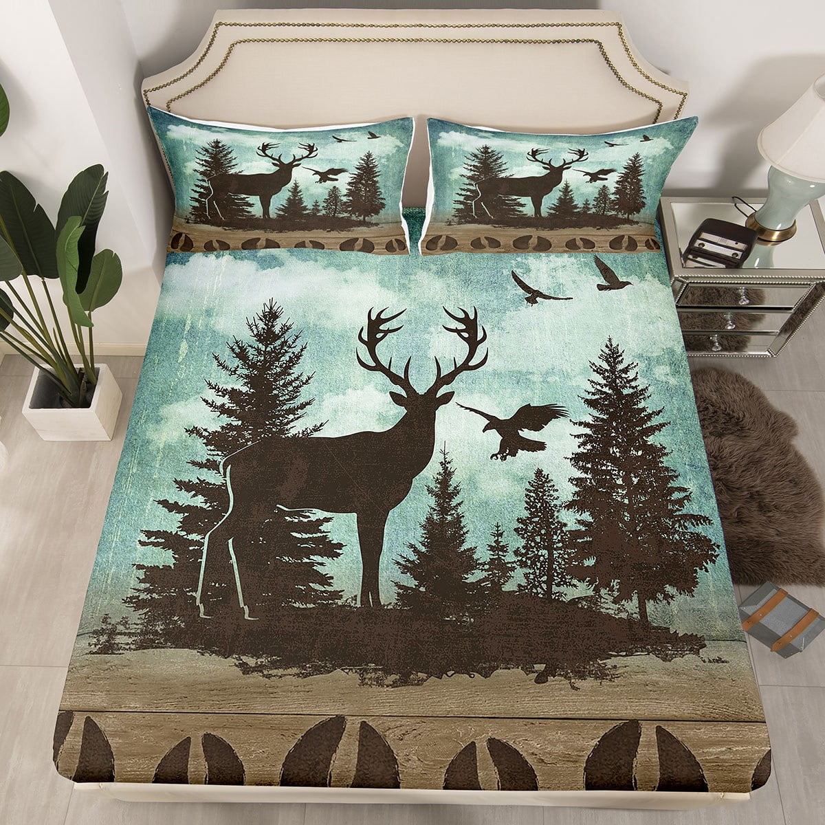 Elk Deer Fitted Sheet Rustic Pine Trees Twin Bed Sheets for Boys ...