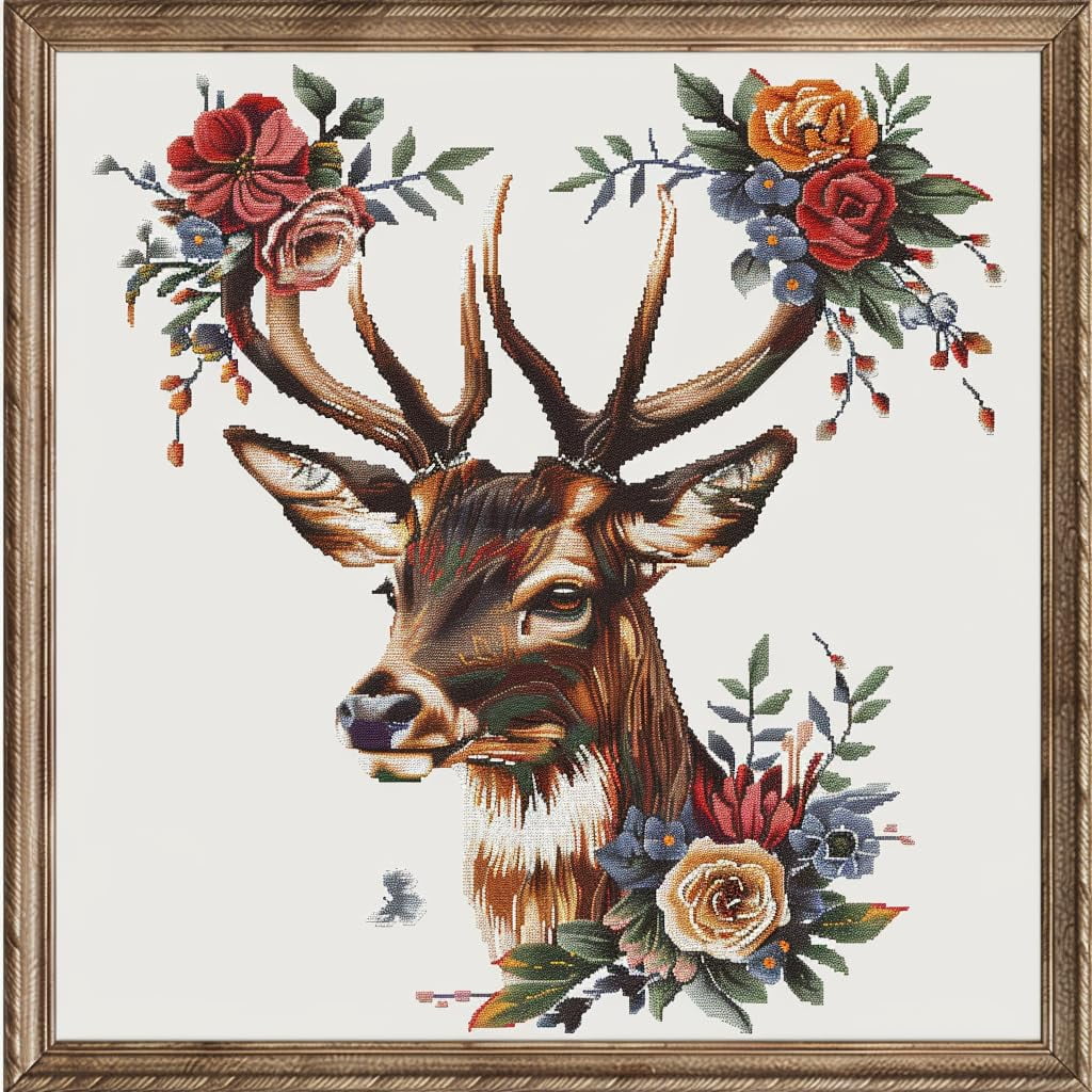 Elk Deer with Flower Horns DIY 11CT Stamped Cross Stitch Kits for ...
