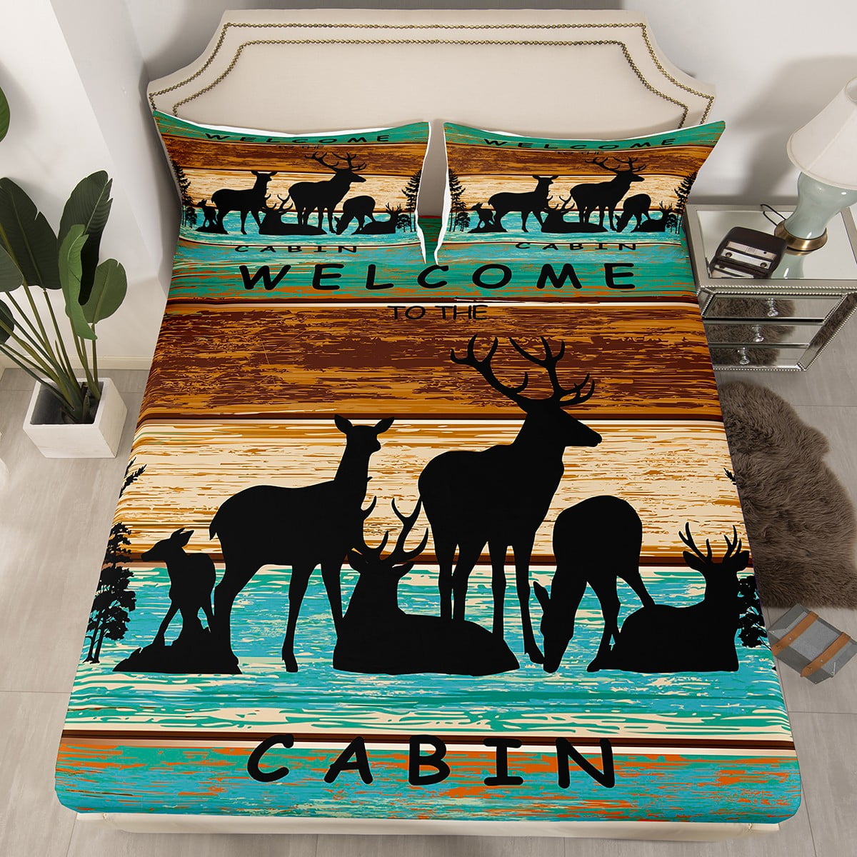 Elk Deer Hunter Bed Sheets Lodge Cabin Bedding Set,Pine Trees Wildlife ...