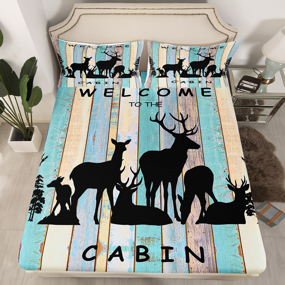 Elk Deer Hunter Bed Sheets Lodge Cabin Bedding Set,Pine Trees Wildlife ...