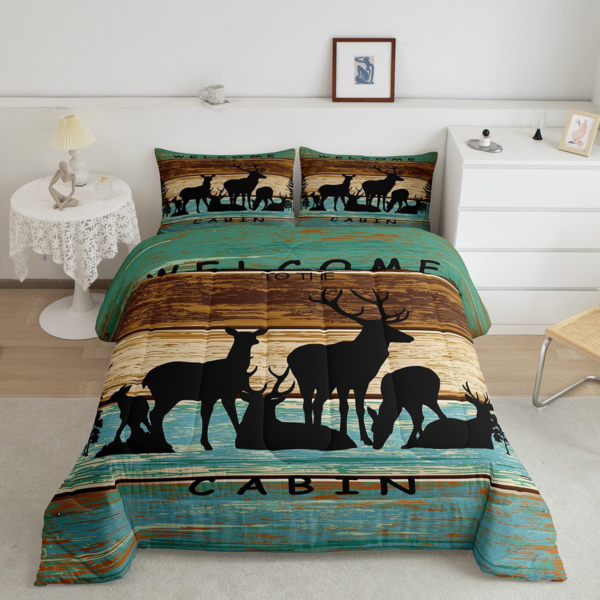 Elk Deer Hunter Bedding Set Lodge Cabin Quilt,Pine Trees Wildlife Moose ...