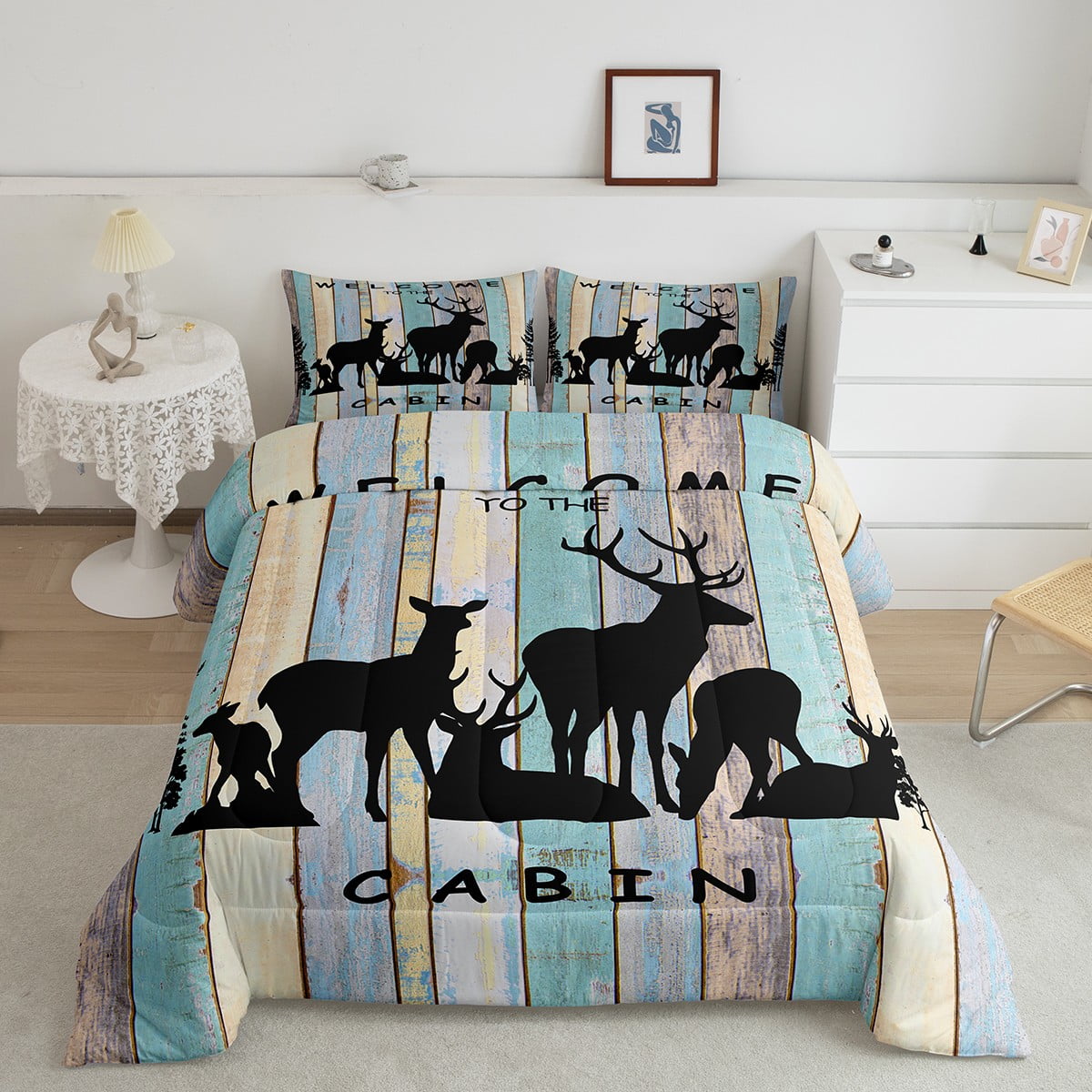 Elk Deer Hunter Bedding Set Lodge Cabin Quilt,Pine Trees Wildlife Moose ...