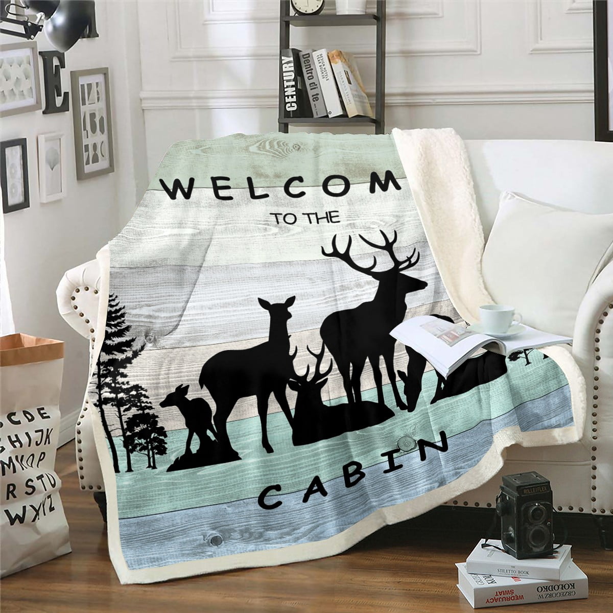 Elk Deer Hunter Blanket 90"x90" Lodge Cabin Throw Blanket,Pine Trees ...