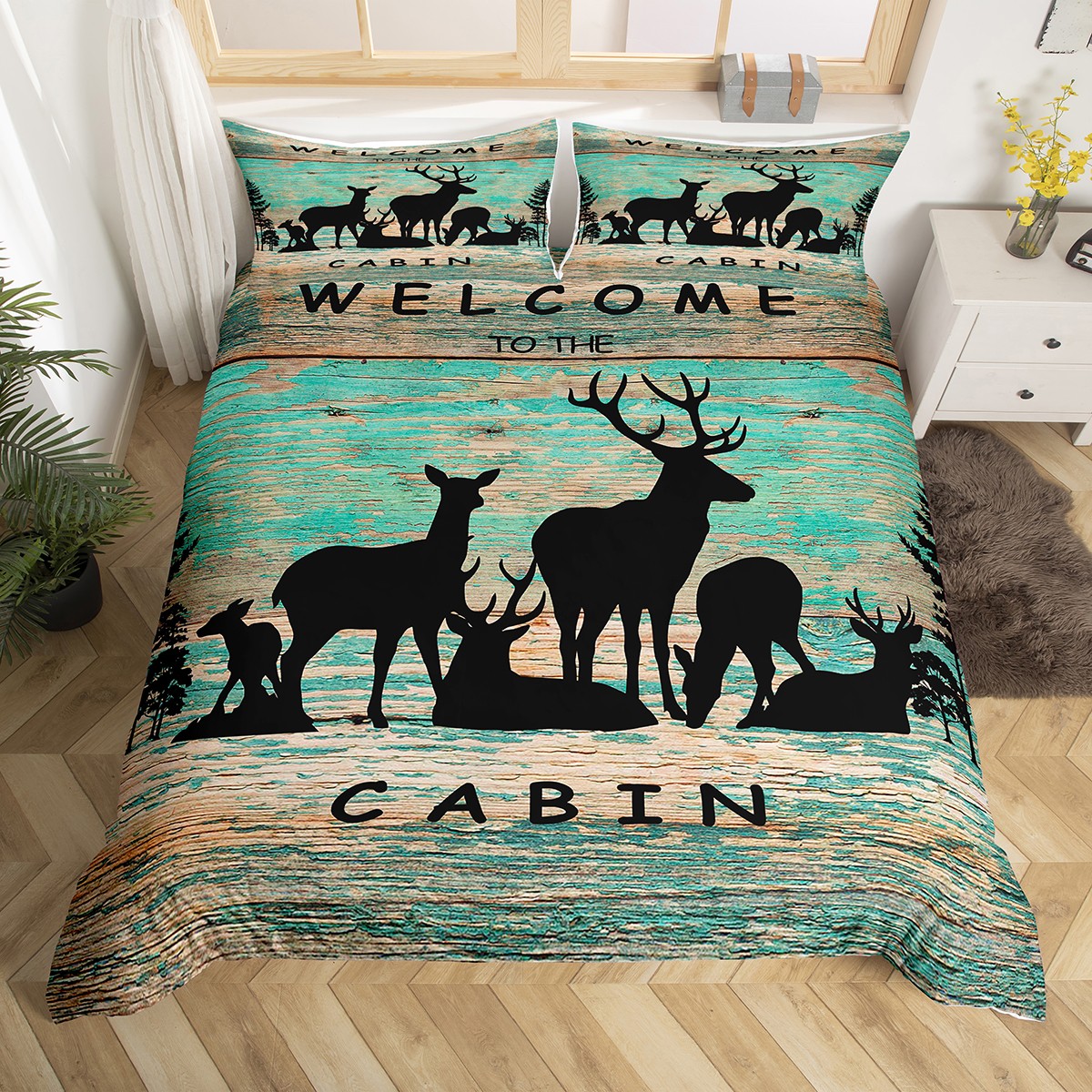 Elk Deer Hunter Comforter Cover Lodge Cabin Duvet Cover Queen,Pine ...