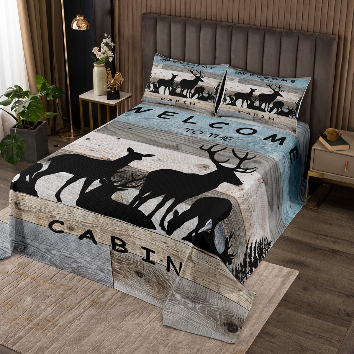 Elk Deer Hunter Coverlet Set Lodge Cabin Quilt Set Queen,Pine Trees ...