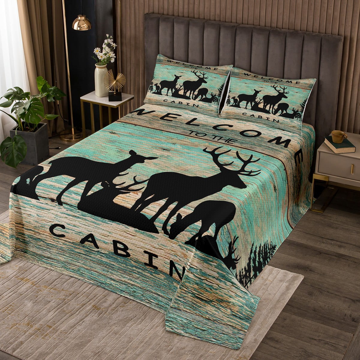 Elk Deer Hunter Coverlet Set Lodge Cabin Quilt Set Queen,Pine Trees ...