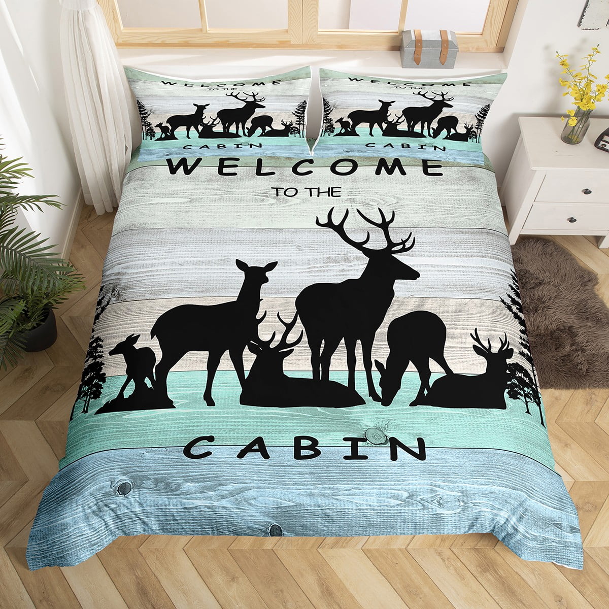 Elk Deer Hunter Duvet Cover Queen Lodge Cabin Bedding Set,Pine Trees ...
