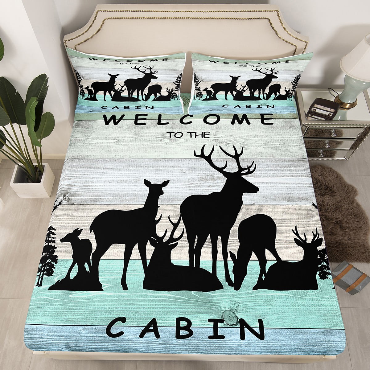 Elk Deer Hunter Fitted Sheet Twin Lodge Cabin Bed Sheets,Pine Trees ...