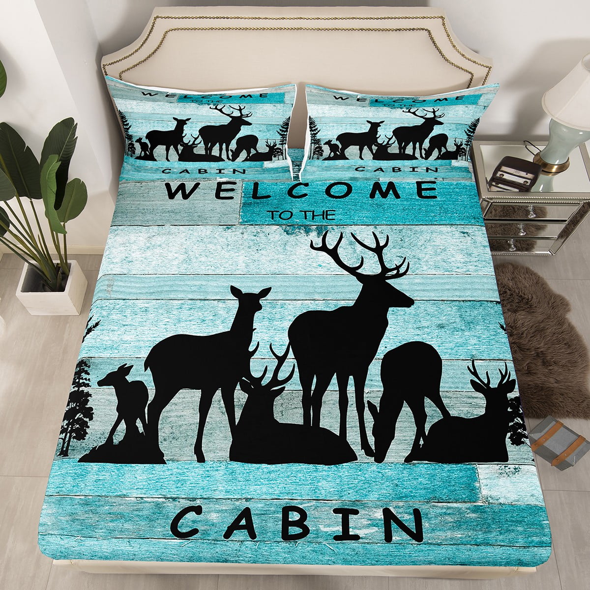 Elk Deer Hunter Fitted Sheet Twin Lodge Cabin Bed Sheets,Pine Trees ...