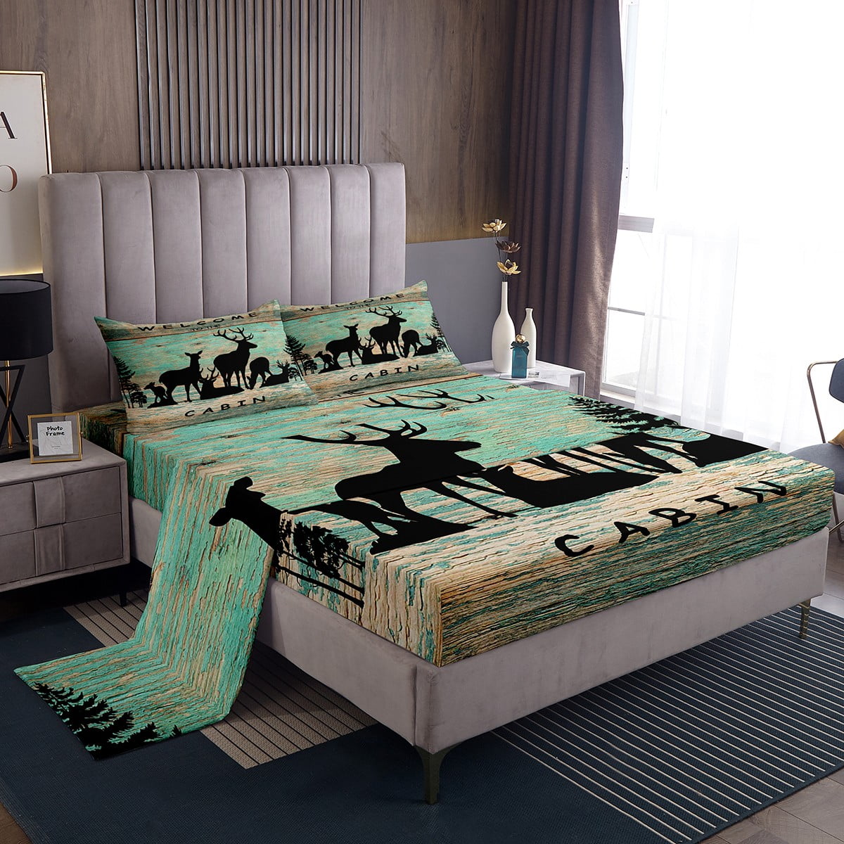 Elk Deer Hunter Flat Fitted Sheet Lodge Cabin Bed Sheets Set Queen,Pine ...