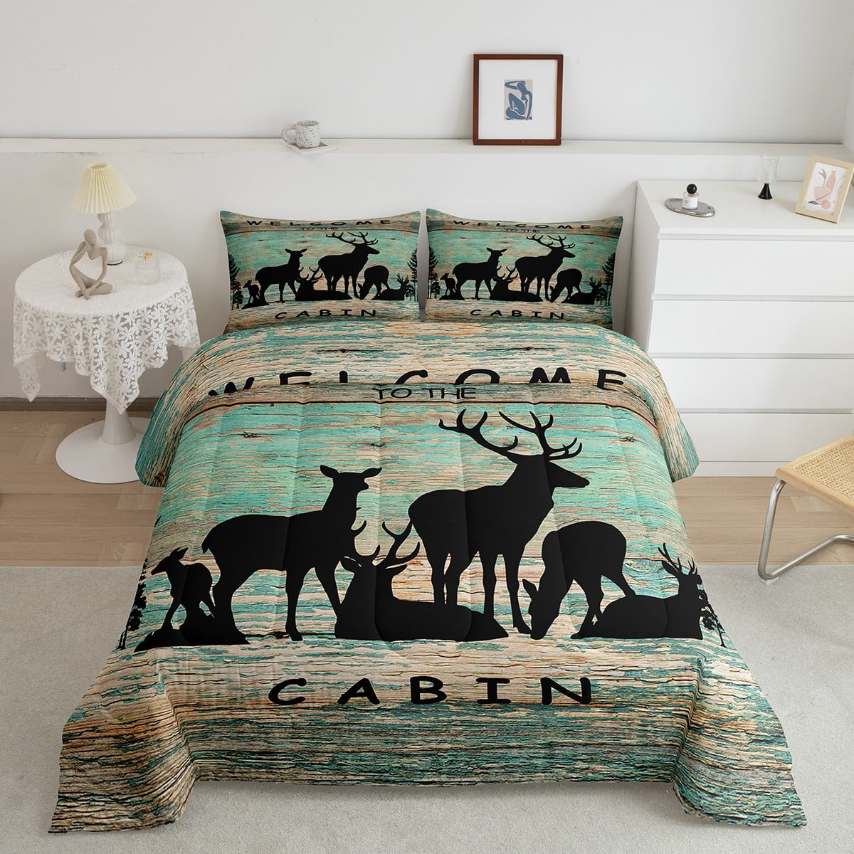 Elk Deer Hunter Quilt Lodge Cabin Queen Comforter Set,Pine Trees ...