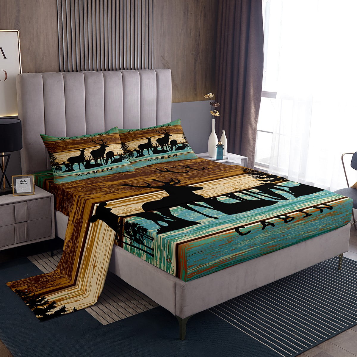 Elk Deer Hunter Sheet Set Lodge Cabin Flat Fitted Sheet,Pine Trees ...