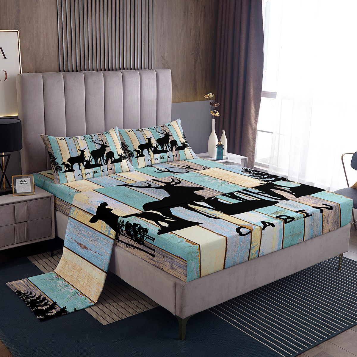 Elk Deer Hunter Sheet Set Lodge Cabin Sheets,Pine Trees Wildlife Moose ...