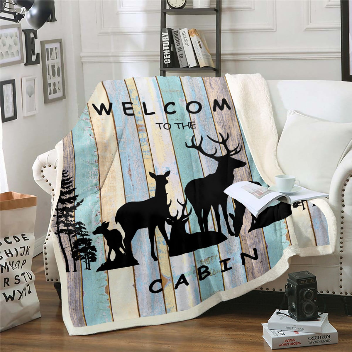 Elk Deer Hunter Throw Blanket Lodge Cabin Fleece Blanket,Pine Trees ...