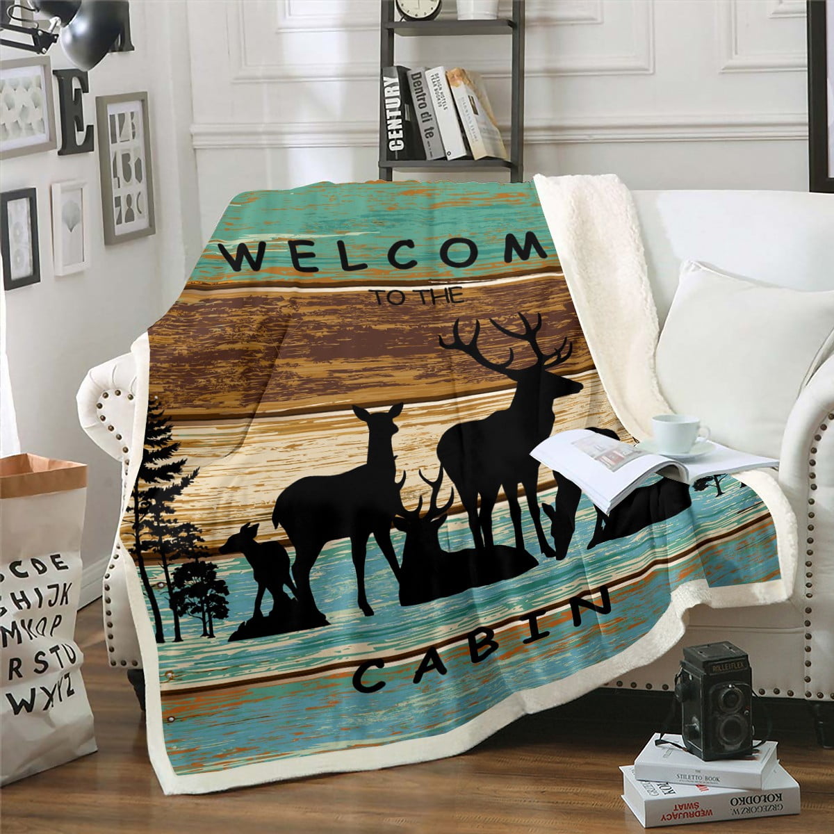 Elk Deer Hunter Throw Blanket Lodge Cabin Fleece Blanket,Pine Trees ...