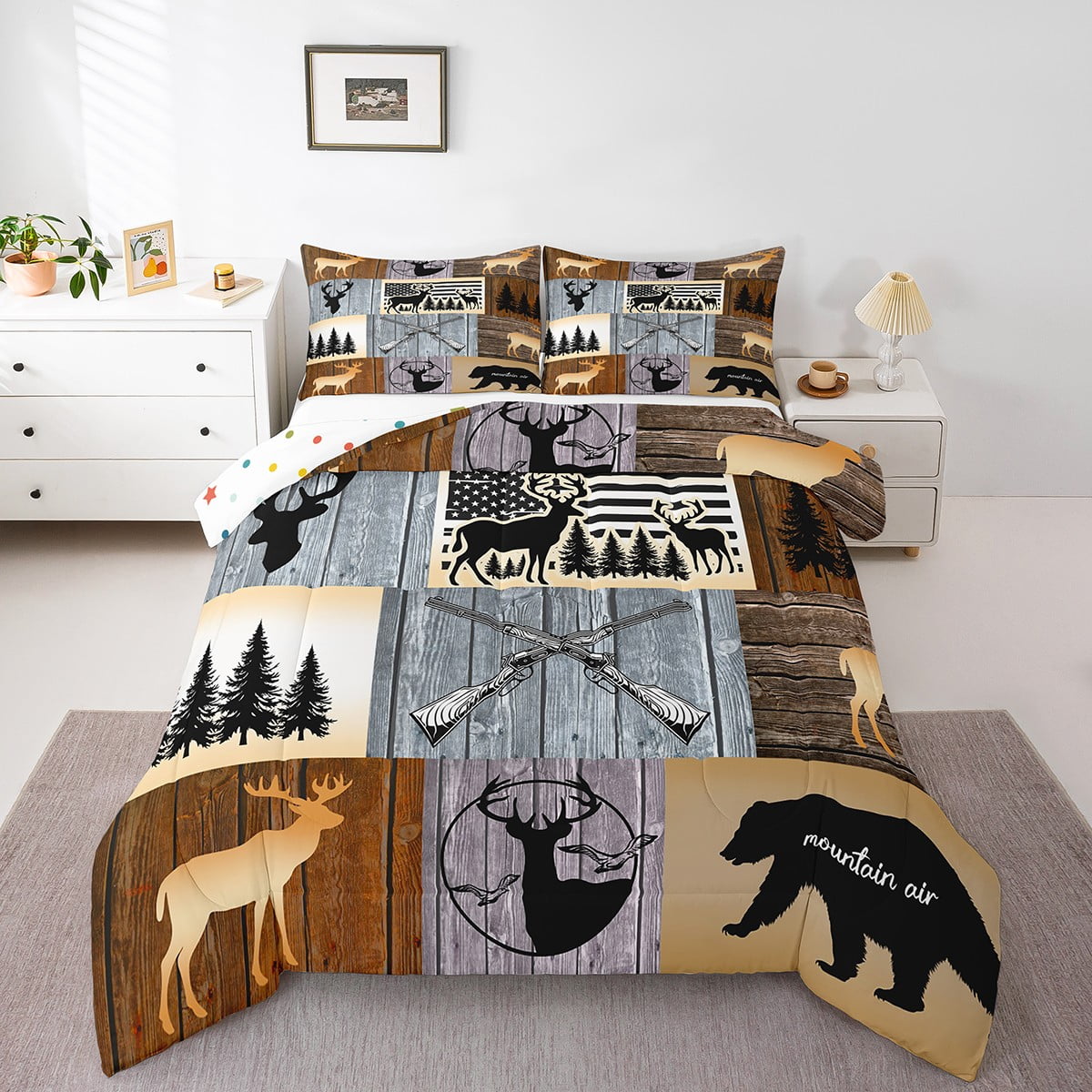 Elk Deer Hunting Comforter Set Rustic Reindeer Moose Queen Bedding Sets,Woodland Animals Quilt ...