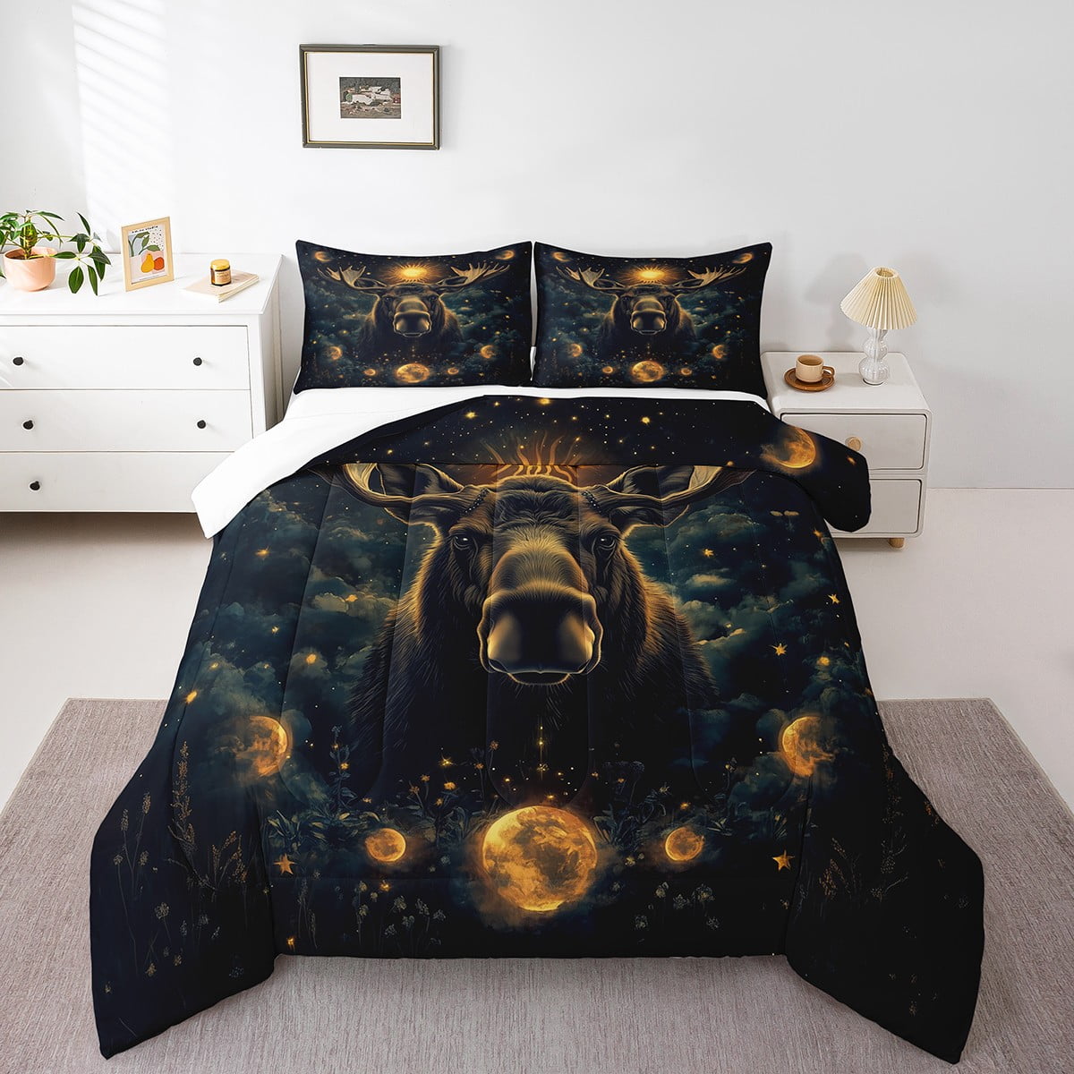 Elk Deer Queen Comforter Set Rustic Moose Bed Set,Boho Sun and Moon ...