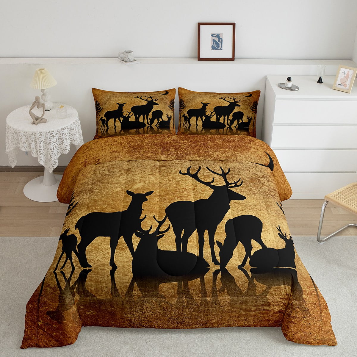 Elk Deer Queen Comforter Set Wildlife Moose Bedding Set,Grunge Vintage Reindeer Dark Shadows ...