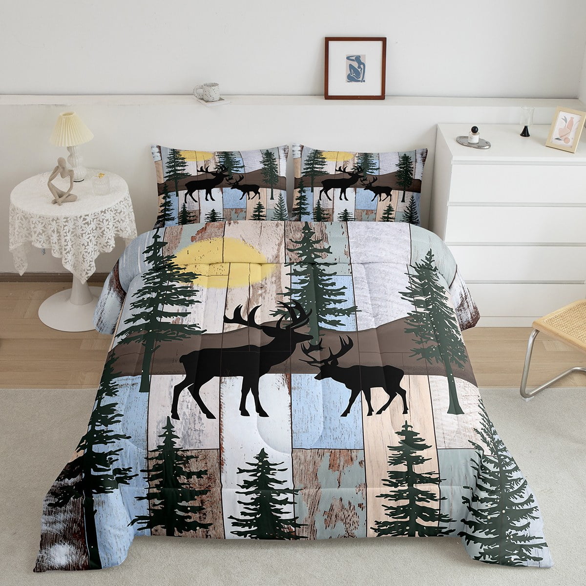 Elk Deer Quilt Lodge Cabin Backdrop Full Comforter Set for Girls ...