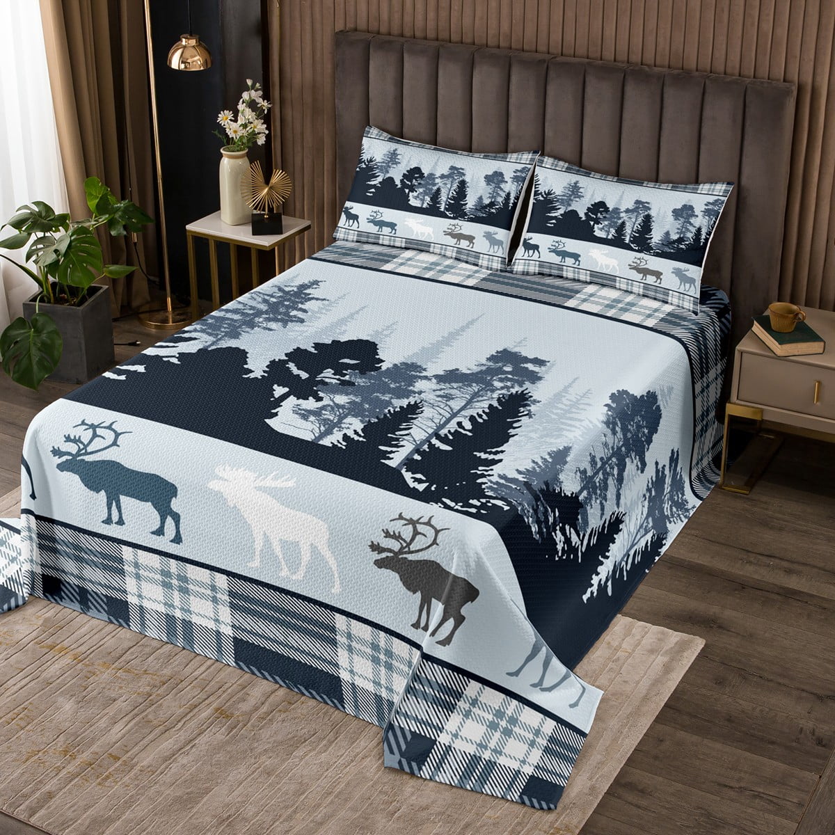 Elk Deer Quilt Set Blue Buffalo Plaid Bedspread Set King,Christmas ...