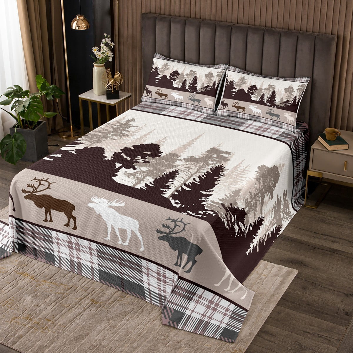 Elk Deer Quilt Set Buffalo Plaid Bedspread Set King,Christmas Moose ...